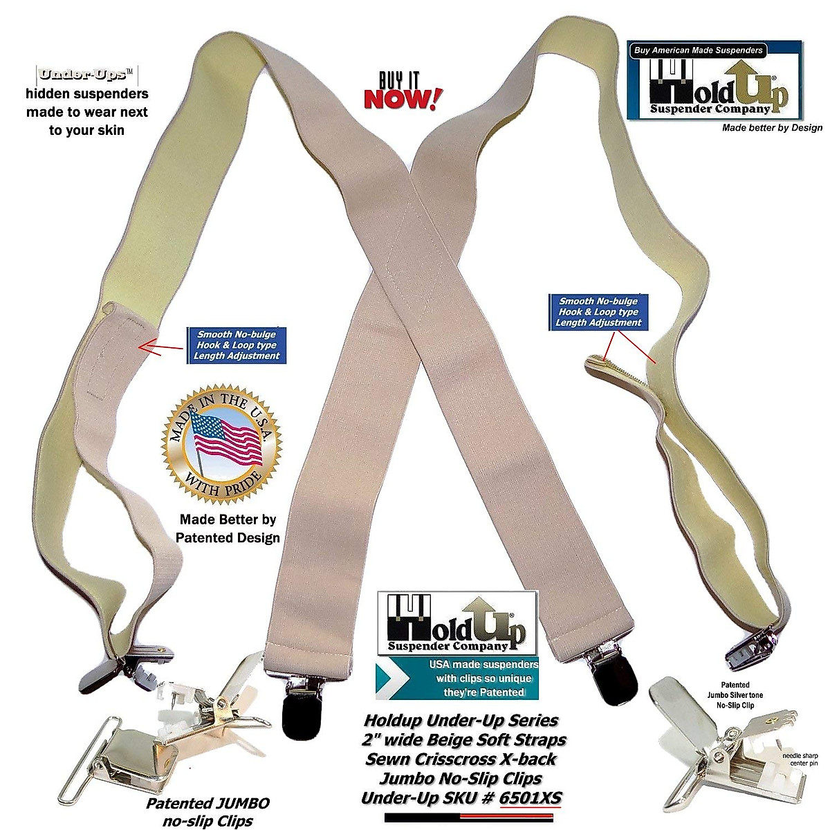Holdup Traditional Style Tan 2" Under-Ups Suspenders for Men with USA Patented Metal "No-Slip" clips