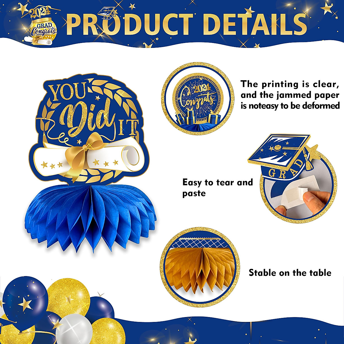 9 PCS Graduation Party Decorations Class of 2024 Black and Gold Congrats Grad Honeycomb Centerpieces for Tables 2024,Congratulate Graduation Table Toppers for Graduation Party Favor Supplies