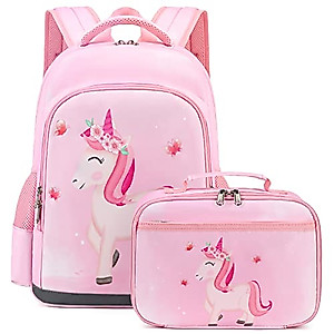 JIANYA Kids Backpack for School Girls Backpack Lunch Box Set Unicorn Preschool Kindergarten Bookbag with Chest Strap