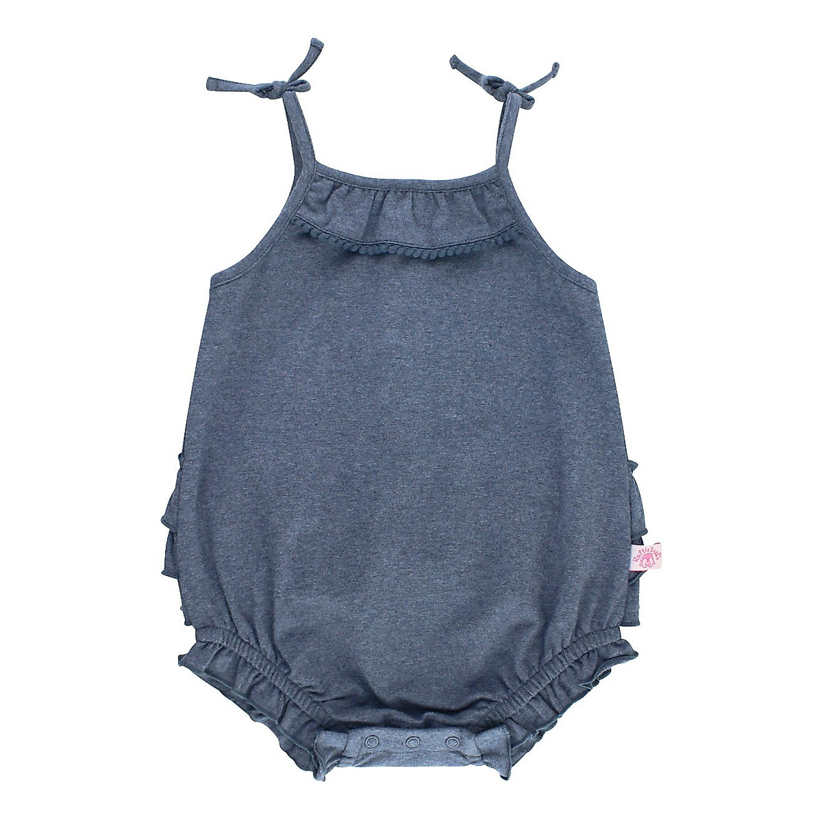RuffleButts® Baby/Toddler Girls Faux Denim Pom Pom Bubble Romper - 3-6m