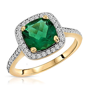 Galaxy Gold GG 1.85 Carat Total Weight 14K Solid Yellow Gold Emerald Natural Diamonds Halo Ring Brilliant Cushion Shape Cut and Round Diamonds Anniversary Engagement Promise Ring (6)