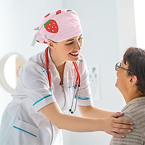 Asaile Adjustable Strawberry Patterns Scrub Cap, Working Hat Hair Cover with Ponytail Pouch, Soft Bouffant Surgical Nurse Cap, Multicoloured 10, Medium-Large