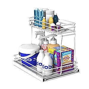 TOOYIMR under sink organizers and storage，2 Tier Pull Out cabinet Organizer with sliding storage drawer，Multi-purpose Bathroom organizer under sink shelf rack for kitchen/bathroom/office(White)