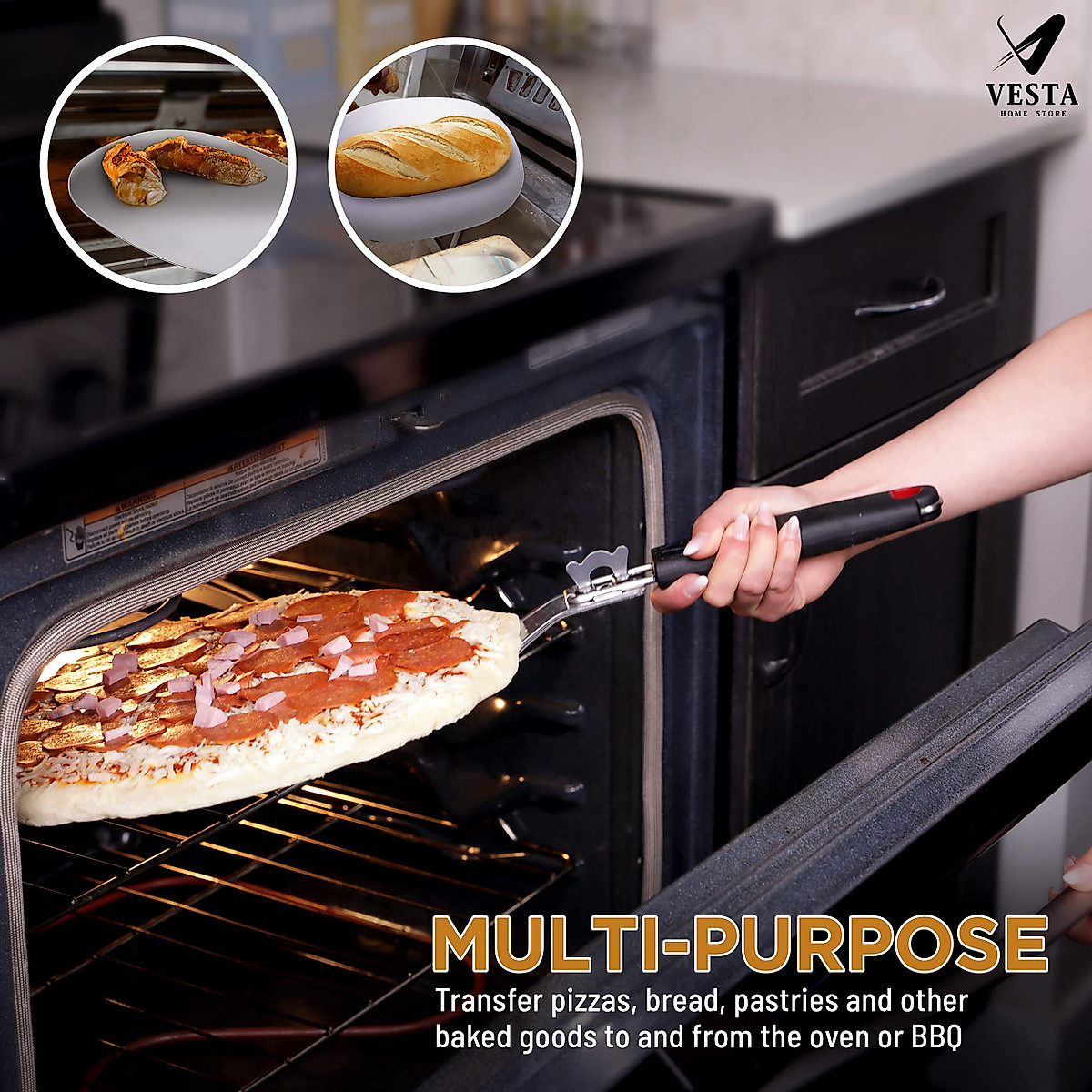 Pizza Spatula - 12 x 14 Inch Stainless Steel Pizza Peel - Foldable Pizza Paddle with Ergonomic Handle - Food Grade Material - Highly Durable Sturdy Construction - Perfect for Pies, Pizza, All Ovens