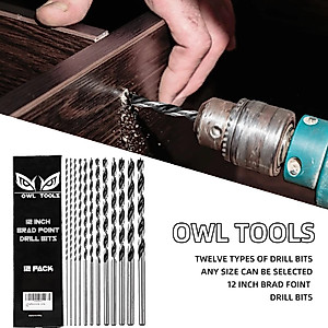 Owl Tools Extra Long 12" Brad Point Wood Drill Bit Set (12 Pack with Storage Sleeve) Carpenters Quality - Drill Splinter-Free Perfectly Round Holes in All Types of Wood