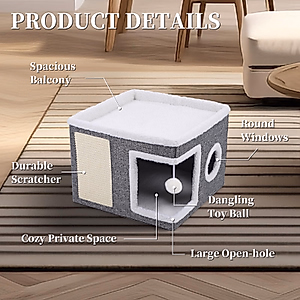 Cat Beds for Indoor Cats, Large Cat Cave with Cozy Condo, Fluffy Hanging Ball, Round Window, Foldable Indoor Cat House Hold Up to 30LBS, Cat Hideaway with Double-Sided Soft Cushions for All Seasons