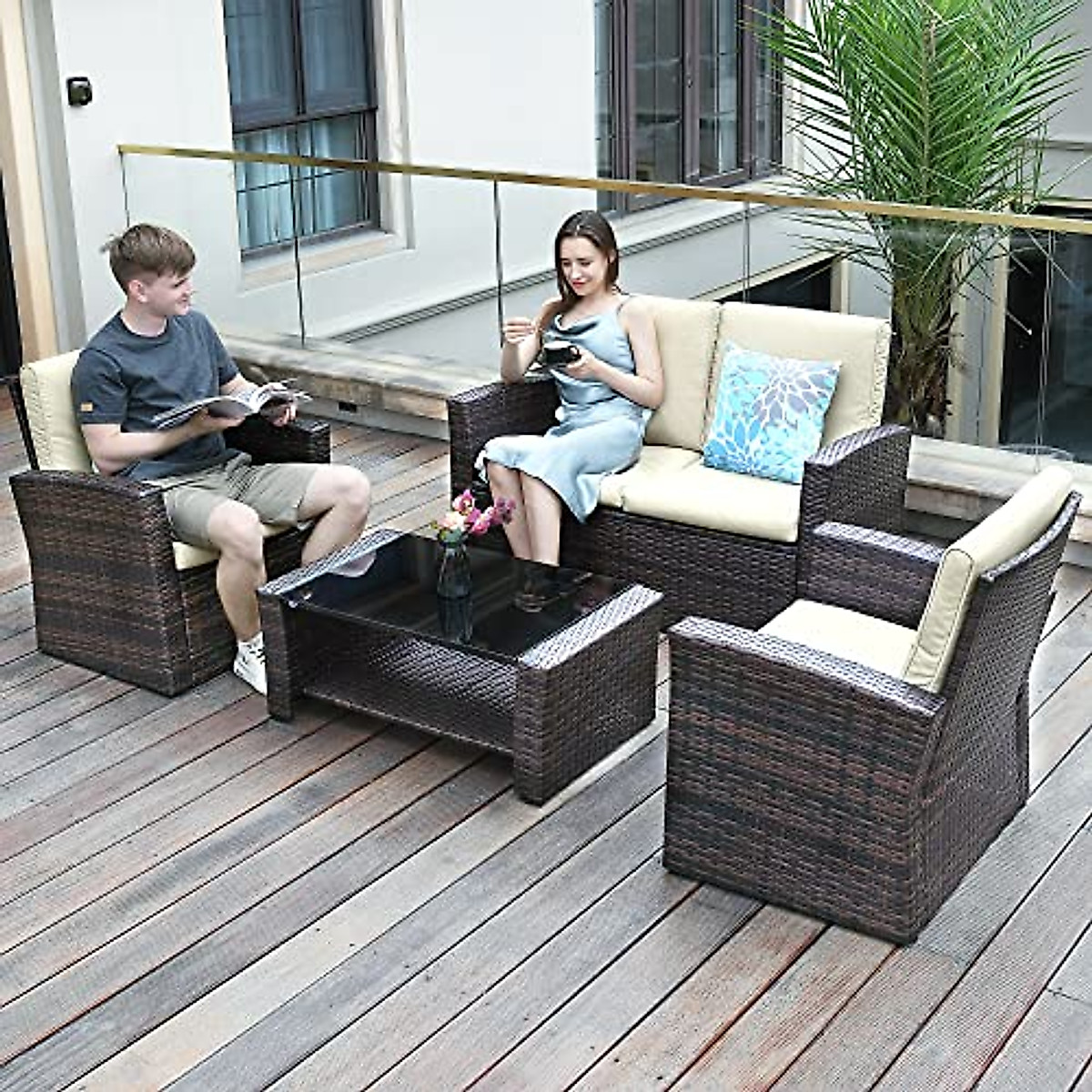 YITAHOME 5 Piece Patio Furniture Sets, All-Weather Outdoor Patio Conversation Set, PE Rattan Wicker Small Sectional Patio Sofa Set with Table, Brown