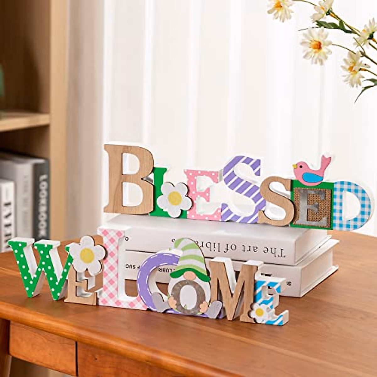 hogardeck Spring Decorations for Home, 2 Pcs WELCOME BLESSED Wood Sign Spring Decor, Rustic Gnome Flower Bird Wooden Block Set Table Centerpiece Farmhouse Ornaments for Mantle Tabletop Tiered Tray Home Decor
