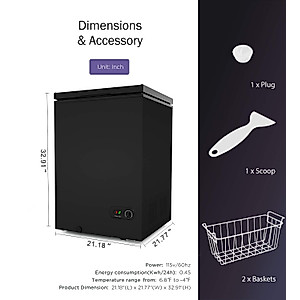 COOLHOME 3.5 Cubic Feet Chest Freezer with Removable Basket, from 6.8℉ to -4℉ Free Standing Compact Fridge Freezer for Home/Kitchen/Office/Bar (Black, 3.5 Cu.ft.-normal)