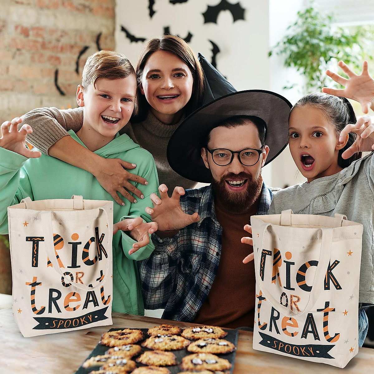 ATFUNSHOP 13.8" Large Halloween Tote Bag Trick or Treat Canvas Reusable Large Bucket for Kids