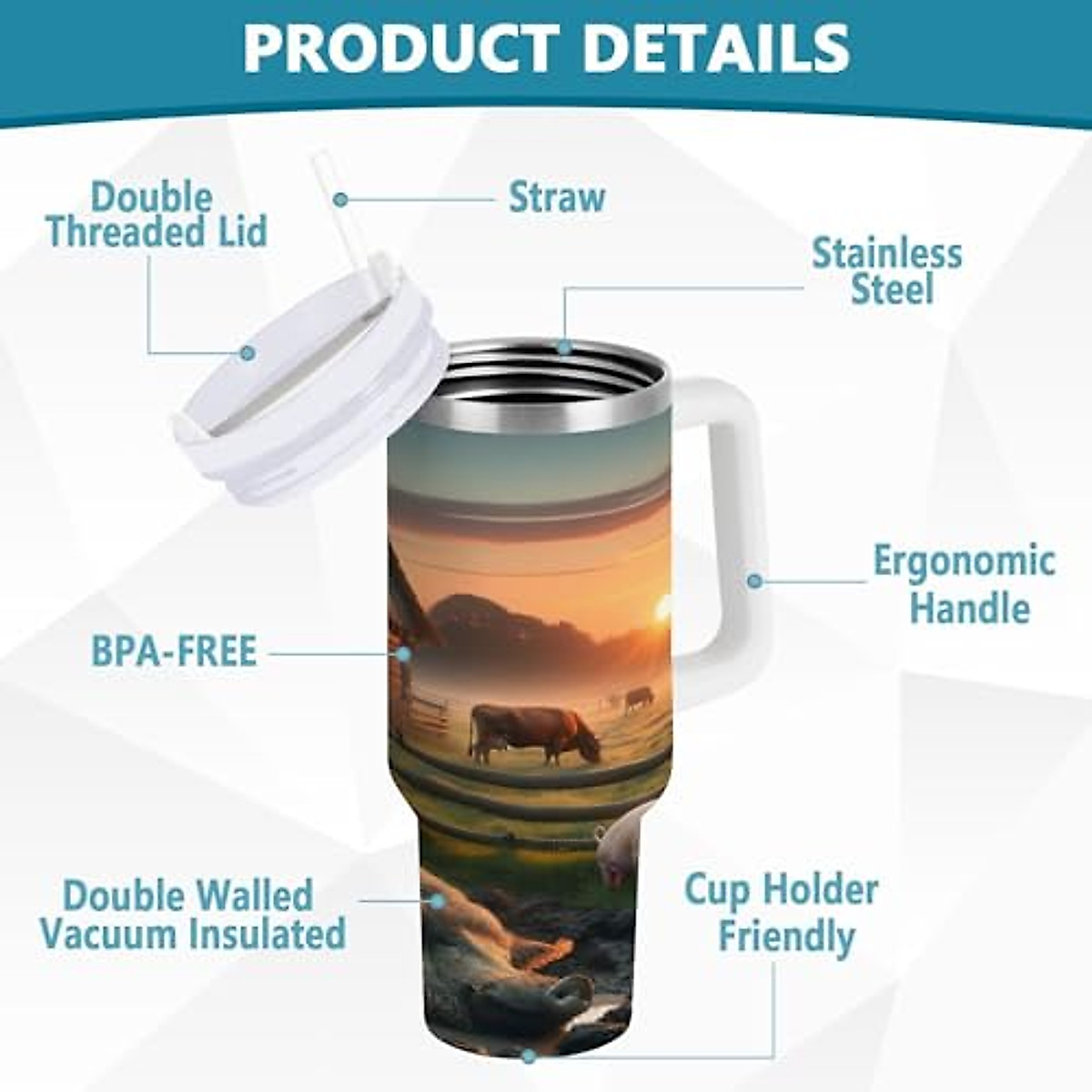 RPLIFE Farmhouse Rooster Pig Coffee Tumbler, Stainless Steel Mug, Insulated Tumblers with Handles, Tumbler for Men