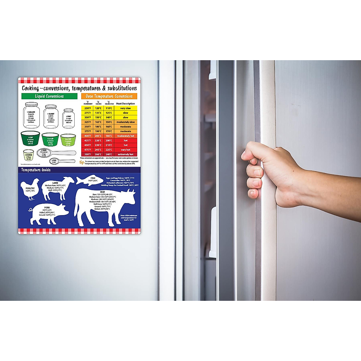 Cooking Conversion Chart Kitchen Magnet - Liquid, Dry Weight, Oven Temperature Conversions - Food, Meat Internal Temperature Guide - Ingredient Substitutions - Grain to Water Ratios - 8.5 x 11 in.