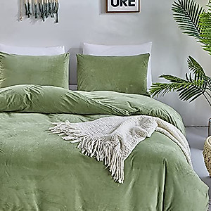 Luxlovery Sage Green Flannel Duvet Cover Set Queen Velvet Fluffy Bedding Cover Sets Light Green Soft Warm Comfy 3 Piece Bedding Cover Set with 2 Pillowcases