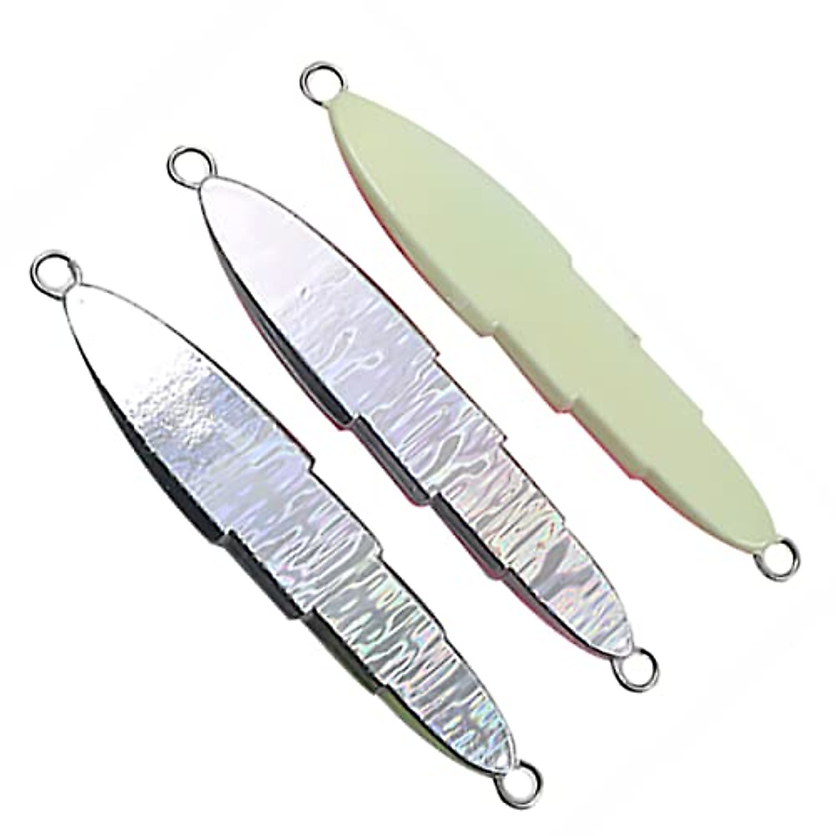 Kmucutie Saltwater Glow Fishing Jigs Deep Sea Fishing Lures Jigging Artificial Lures for Tuna,Grouper,Dogtooth,Bass Salmon (3 Piece Mixed Color E, 80 G)