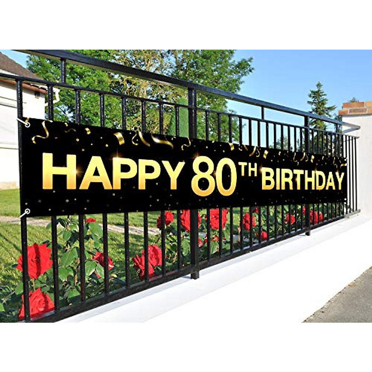 Greatingreat Large Cheers to 80 Years Banner, Black Gold 80 Anniversary Party Sign, 80th Happy Birthday Banner(9.8feet X 1.6feet)