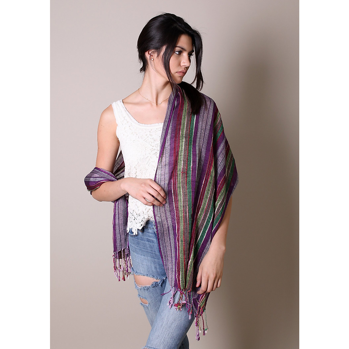 Anika Dali Women’s Jewel Shimmer Multicolor Stripe Scarf, Metallic Pashmina Shawl (Purple Dazzle)