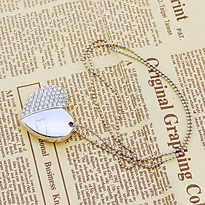 EcooDisk 128GB USB 3.0 Flash Drive Diamond Heart with Necklace Memory Stick High Speed Thumb Drive Jump Drive Data Storage Silver