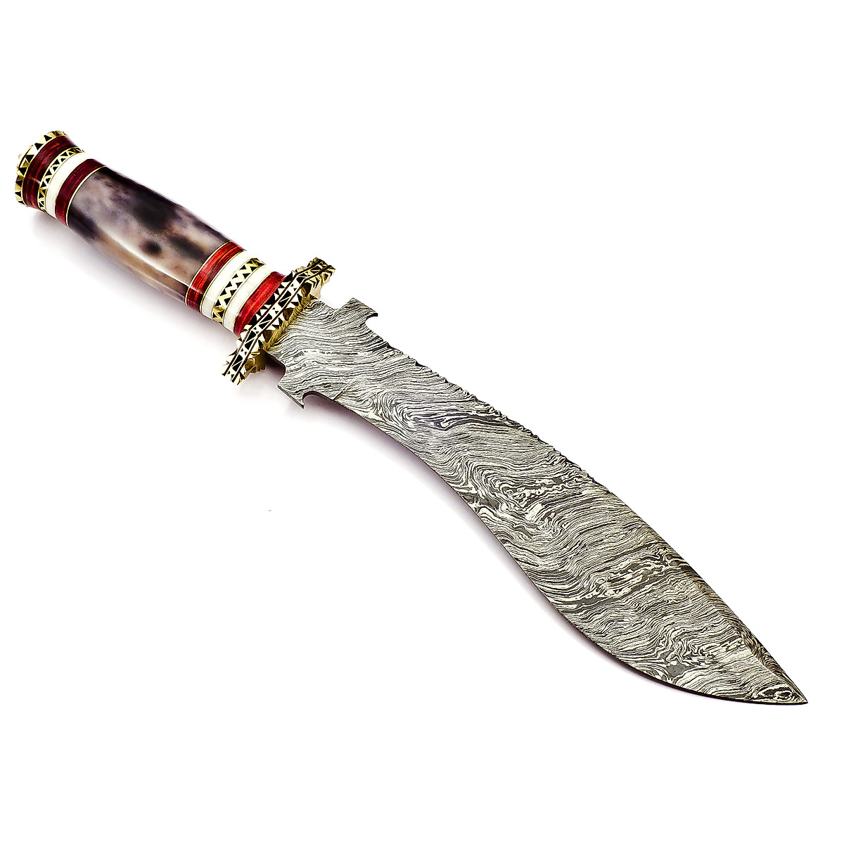 Skokie Knives Custom Damascus Steel Hunting Knife Color Camel Bone Handle with Brass Spacer -Handmade Premium Quality Edge Fixed Blade – For Multipurpose – Ideal for Survival Hunting Camping Hiking Outdoor Every Day Carry Professional Use Art of Craftsman