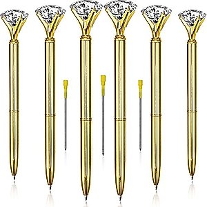 Bememo 12 Pieces Big Diamond Crystal Ballpoint Pens and 6 Pieces Ballpoint Pen Refills, Black Ink (Gold)