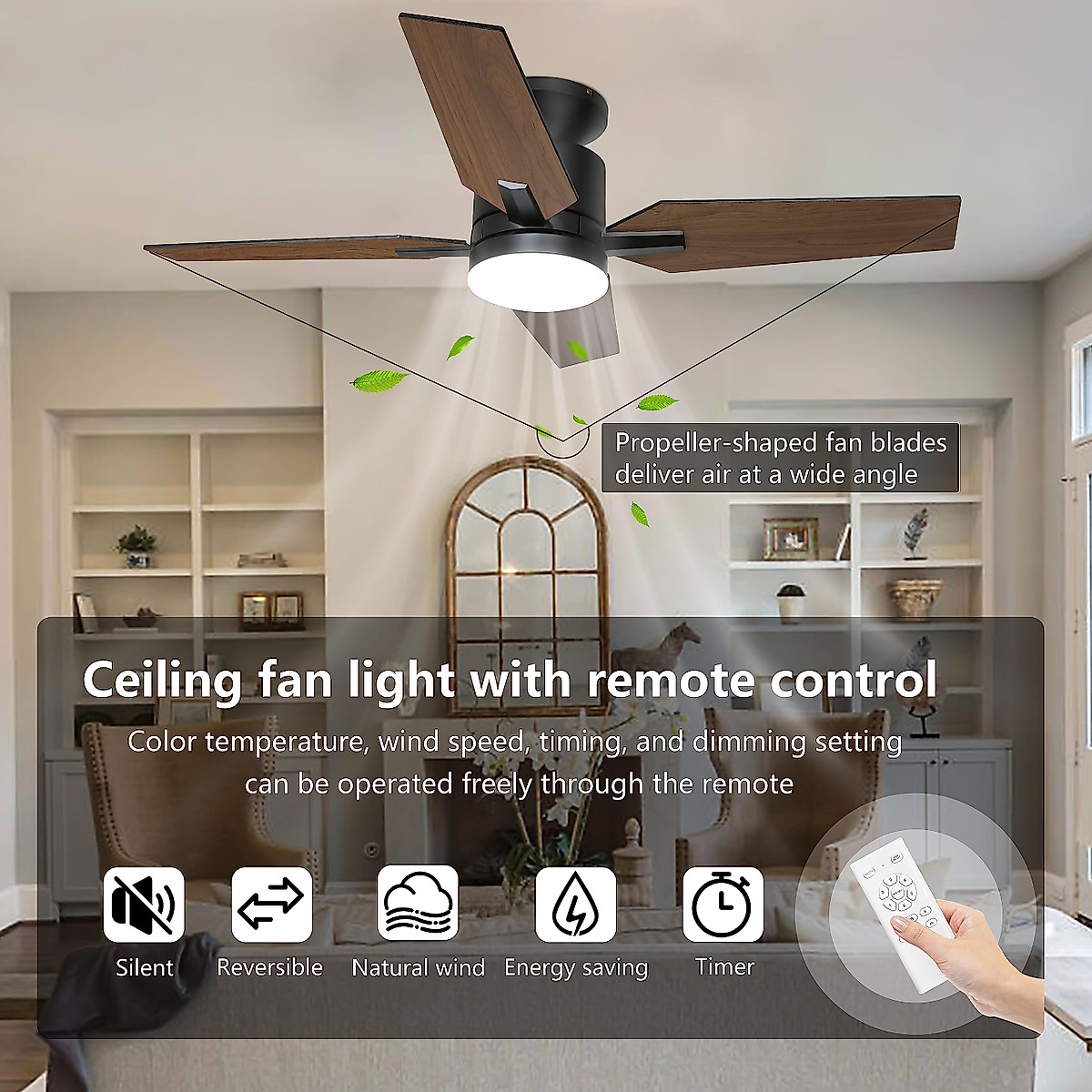Ohniyou Ceiling Fan with Lights Flush Mount,40'' Small Ceiling Fans with Lights and Remote Control,Indoor Outdoor Quiet DC Black Low Profile Ceiling Fan for Patio Kitchen Dining Room Bedroom