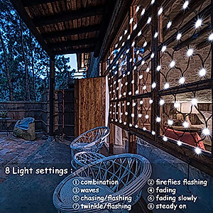 echosari Solar Powered 120 LED Net Mesh String Lights with IP65 Waterproof & 8 Modes, 5.9Ft x 3.9Ft Dark Green Cable Fairy Icicle String Lights for Fence/Garden/Wedding Party (Cool White)