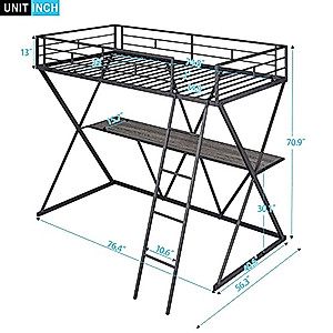 ATY Metal Loft Bed with Wood Desk and Ladder, X-Shaped Twin Size Bedframe w/Full-Length Guardrails, for Kids Teens Adults, Bedroom Furniture, Black
