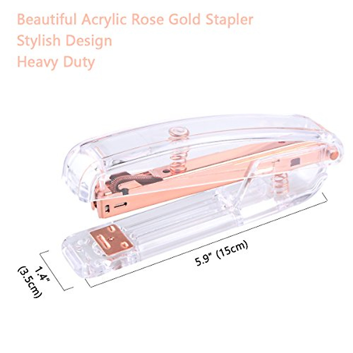 Unime Rose Gold Stapler Acrylic Desktop Stapler with 1000 PCS Rose Gold Staples and 10 Pieces Blinder Clips for Office School Home Accessory