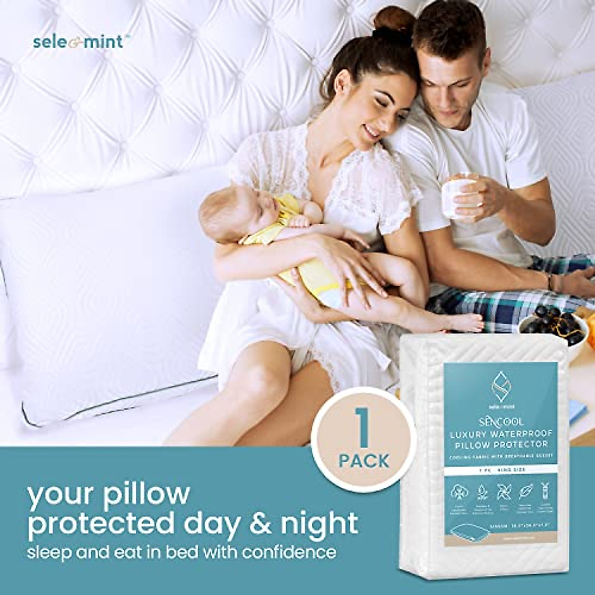 SenCool Waterproof Pillow Protector, King Size 20 x 36 inch, Hotel Quality, Premium Cooling Fabric with Breathable Gusset, Zippered Pillow Cases, Noiseless Pillow Encasement, Soft Smooth Pillow Cover