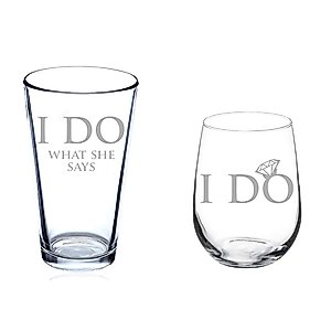 MIP Brand Set of 2 Glasses Stemless WINE & Beer PINT Glass I Do What She Says Bride Groom Wedding Engagement