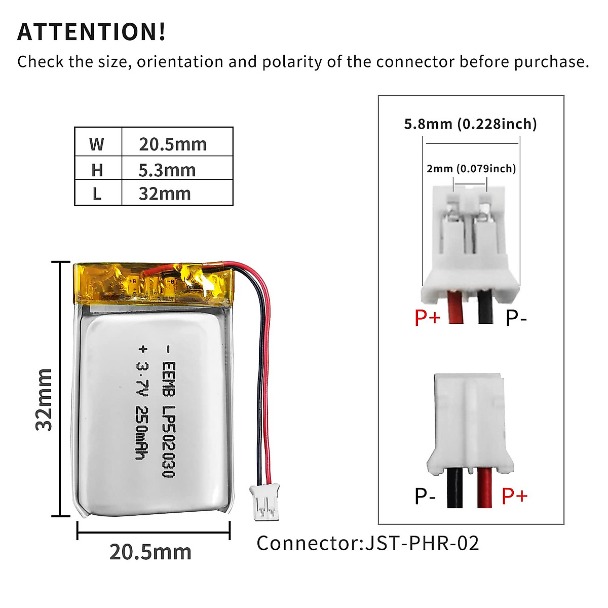 EEMB Lithium Polymer Battery 3.7V 250mAh 502030 Lipo Rechargeable Battery Pack with Wire JST 2.0mm Connector for VXI Blue Parrott- Confirm Device & Connector Polarity Before Purchase