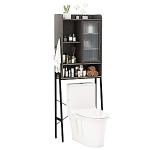 Giantex Over The Toilet Storage Cabinet, Industrial Bathroom Organizer w/Trapezoid Metal Frame, Adjustable Shelves & 2 Hooks, Freestanding Space-Saving Storage Rack for Laundry Room (Sliding Door)