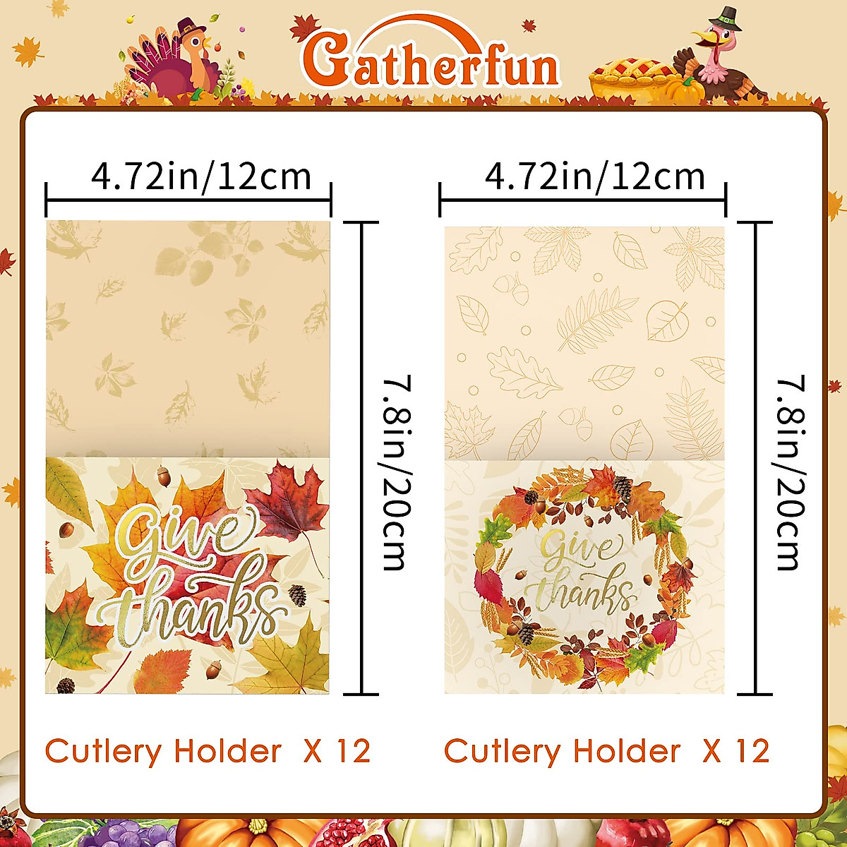 Thanksgiving Cutlery Holder Gold Foil with Give Thanks Maple Leaf design, Utensil Holder for Autumn Harvest Party Table Decorations, 24 pack, Mix 2 designs