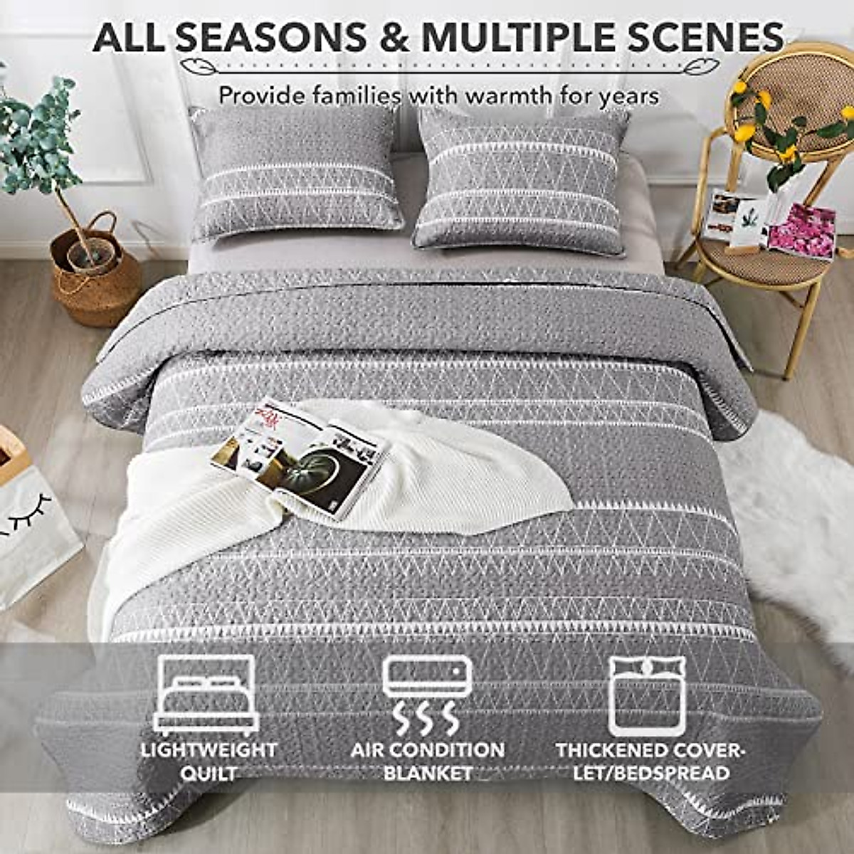 Andency Grey Quilt Set California King (112x104 Inch), 3 Pieces(1 Striped Triangle Printed Quilt and 2 Pillowcases), Bohemian Summer Lightweight Reversible Microfiber Bedspread Coverlet Sets