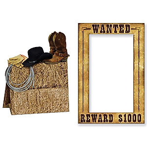 3-D Western Centerpiece Party Accessory (1 Count) (1/Pkg) & Wanted Photo Booth Fun Selfie Frame Western Party Supplies, 15.5" x 23.5", Multicolored