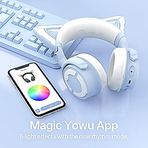 YOWU RGB Cat Ear Headphone 4, Upgraded Wireless & Wired Gaming Headset with Attachable HD Microphone -Active Noise Reduction, Dual-Channel Stereo & Customizable Lighting and Effect via APP (Blue)