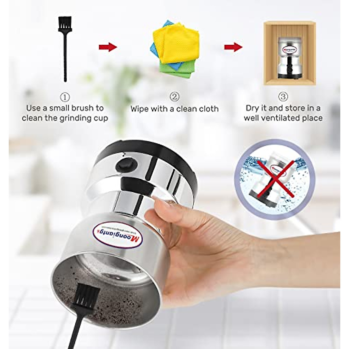 Moongiantgo Mini Spice Coffee Grinder Electric 10s Fast Grinding Multifunction Smash Machine Dry Grain Mill Grinder for Spices Seeds Rice Beans Seasonings (Silver, 110V)