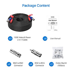 ZOSI 4 Pack 100ft (30 Meters) 2-in-1 Video Power Cable, BNC Extension Surveillance Camera Cables for Video Security Systems (Included 4X BNC Connectors and 4X RCA Adapters)