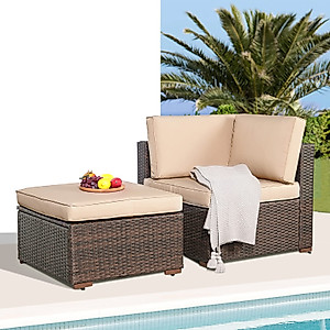 Patiorama 2-Piece Patio Furniture Sofa Set, Outdoor Sectional Sofa, All-Weather Brown PE Wicker Rattan Conversation Set, Outdoor Loveseat, Patio Seating for Balcony Garden Pool (Beige Cushion)