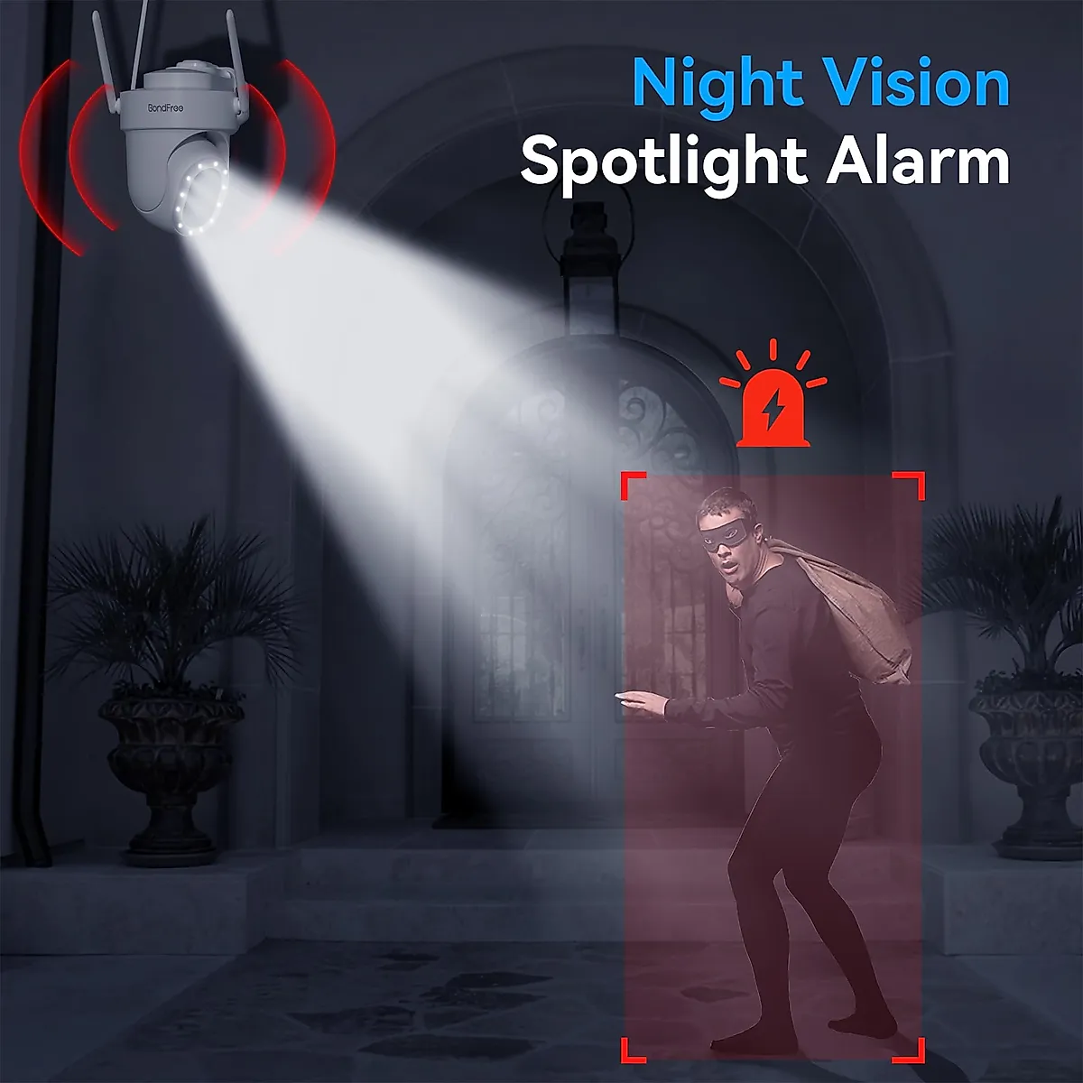 BondFree 2K Solar Security Cameras Wireless Outdoor with 14 Spotlights, IP65 Waterproof, Night Vision,Alarm, 2-Way Audio, PIR Detection, 2.4GWiFi Security Camera Works with Alexa Google Assistant