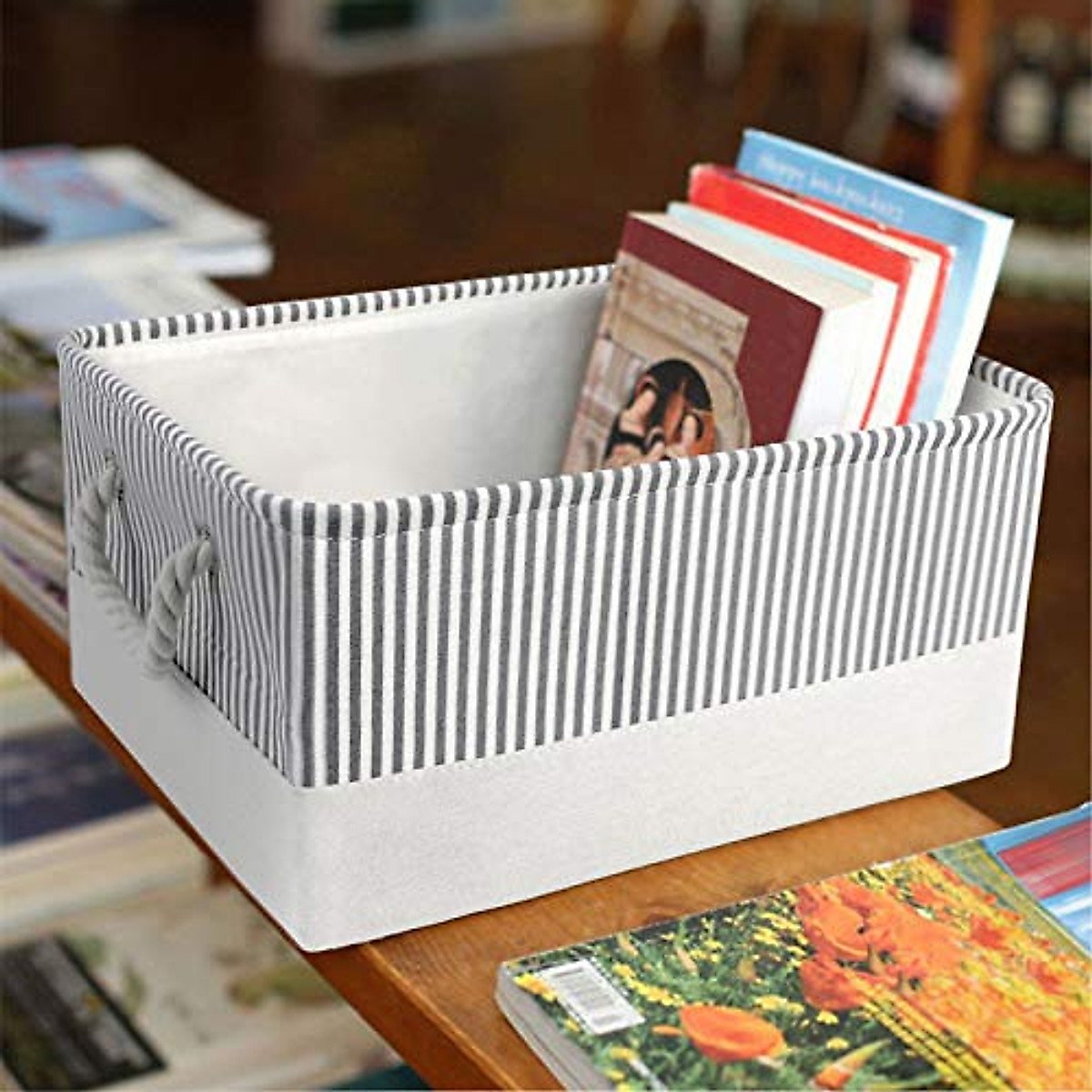 ANMINY 3PCS Storage Baskets Set Foldable Canvas Stripe Storage Bin Box with Cotton Rope Handles Decorative Nursery Baby Kid Toy Clothes Towel Laundry Organizer Containers - Medium, Dark Gray