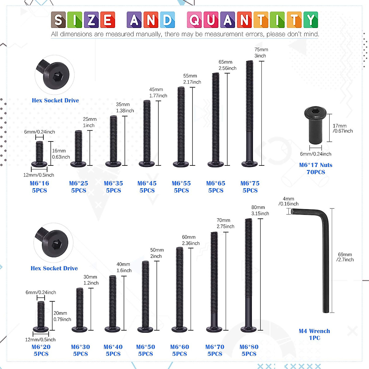 Glarks 141Pcs M6x16/ 20/25/ 30/35/ 40/45/ 50/55/ 60/65/ 70/75/ 80mm Black Hex Drive Socket Cap Bolts Kit, Countsunk Furniture Crib Bolts Nuts Screws for Chair Table Cabinets