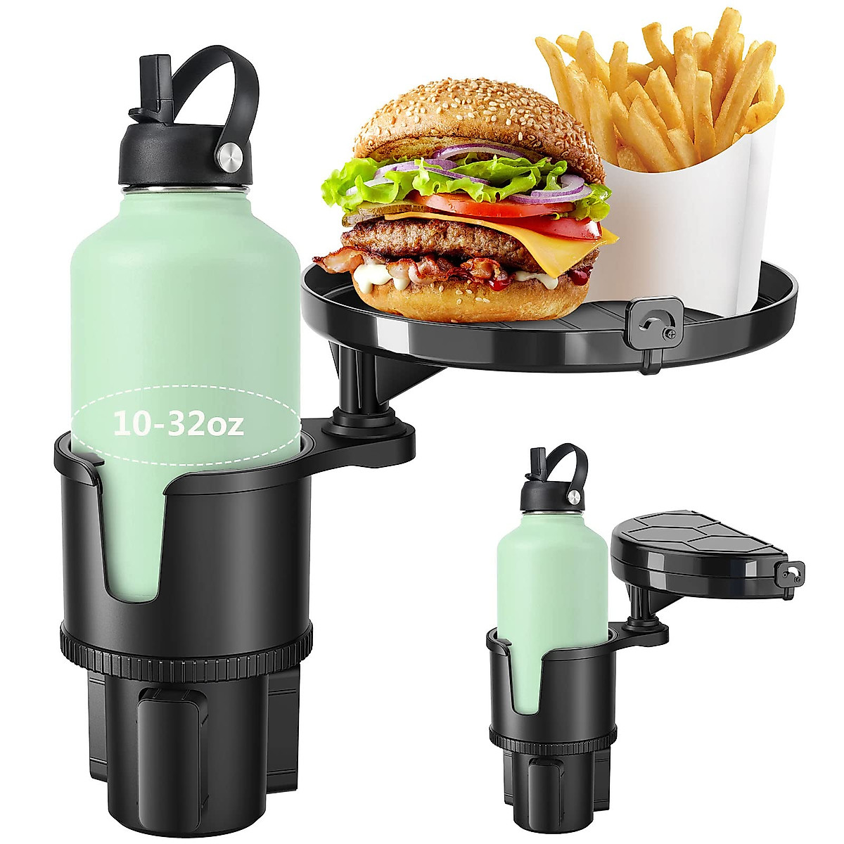 Cup-Holder Tray Drink-Holder Expander for Car - Enjoy Your Meal - Cup Holder Extender with Solid Base for Car - 7.8 inch Car Round Food Detachable Eating Tray Table and Holder for Yeti, standly, etc
