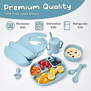 MumEZ Silicone Baby Feeding Set, Baby Led Weaning Supplies, 2 Pcs Adjustable Silicone Bibs, Baby Plates and Bowls with Suction, Baby Spoons Forks, Sippy Cup, Eating Utensils for 6+ Month(Ether)