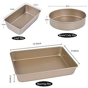 Kitcom Nonstick Bakeware Sets Textured 6-Piece with Cookie Sheet Set, Roasting Pan, Round Cake Pan, Loaf Pan, Heavy Duty Carbon Steel Premium Baking Pans, Champagne Gold