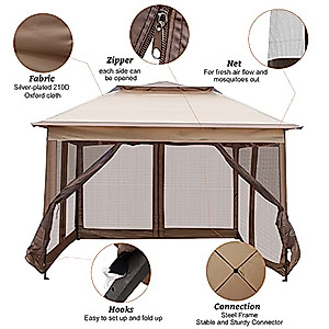 LONABR 11'X11' Pop Up Gazebo with Mosquito Netting Canopy Tent with Sidewalls, Outdoor Canopy Tent for Patio Backyard Garden, Brown