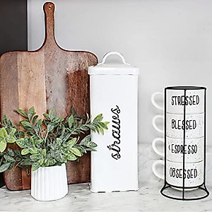 AuldHome Farmhouse Enamelware Straw Holder (White); Rustic Metal Straw Storage Canister