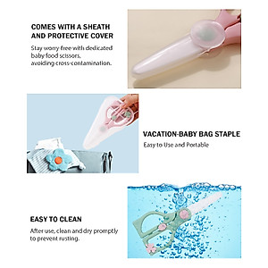 Baby Food Scissors Kicthen Shears -2Pack Portable Healthy Cute Kids Ceramic Scissors with Safety Lock and Storage Travel Case - Ideal for Cutting Meat, Chicken, Vegetables, and Fruits (Pink+Green)