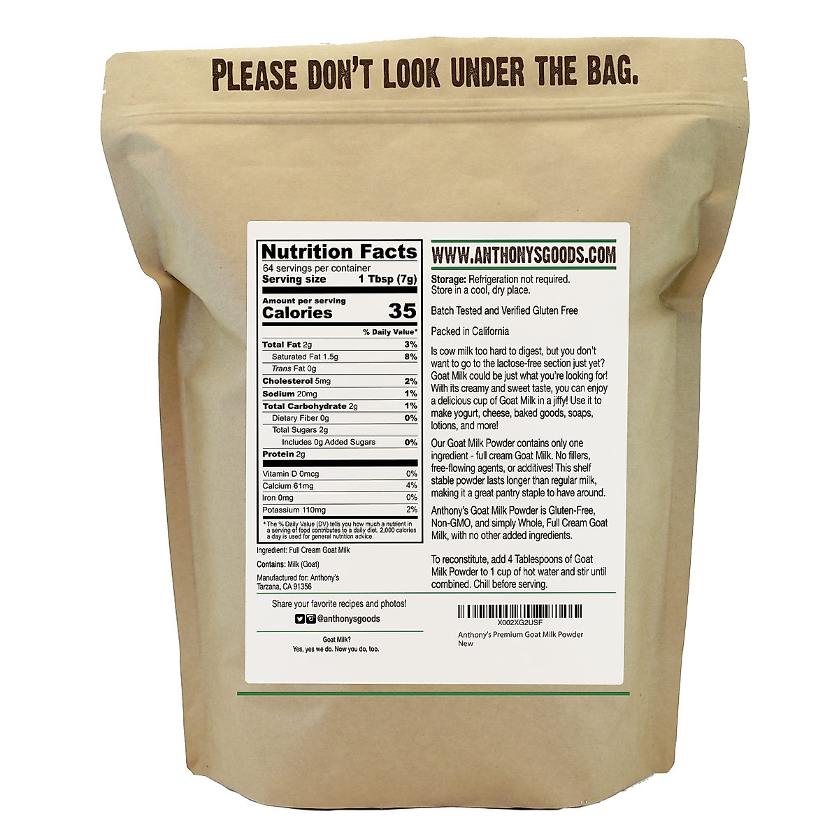 Anthony's Premium Goat Milk Powder, 1 lb, Gluten Free, Non GMO, No Additives