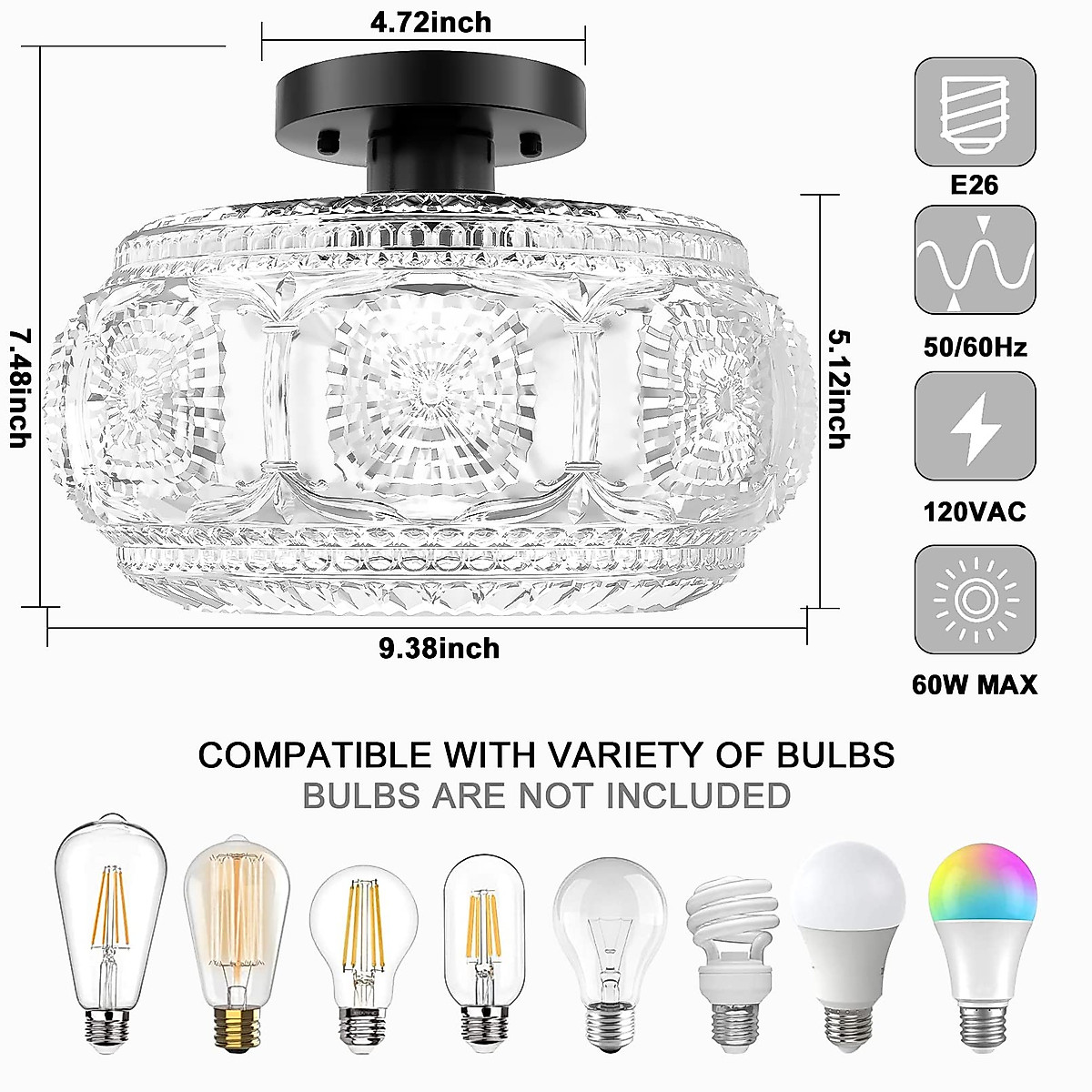 OYKYOHEI Semi Flush Mount Ceiling Light, Globe Glass Ceiling Light Fixture, Black Modern Lighting for Hallway Porch Corridor Kitchen Bedroom, Bulb Not Included