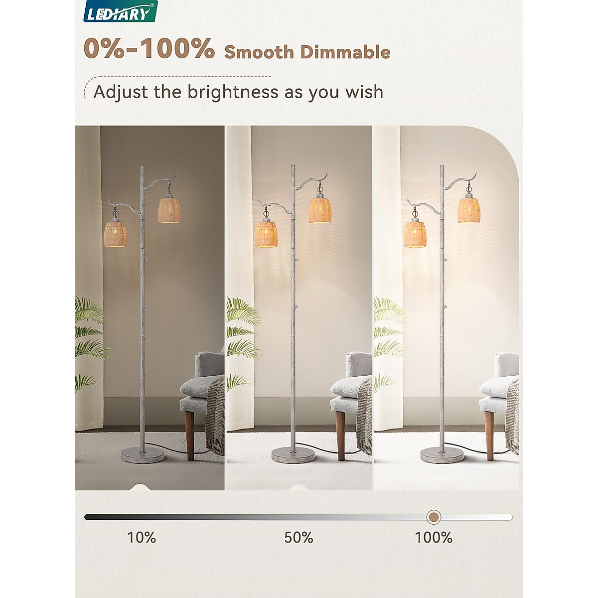 LEDAIRY Farmhouse Rustic Country Cottage Floor Lamp, Dimmable Boho Floor Lamp, Tree Trunk Faux Wood Column Standing Lamp with Wicker Drum Shade, White Washed